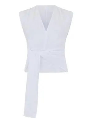 120% LINO 120% Lino Linen Sleeveless Blouse With V-Neck And Knot Tie Belt