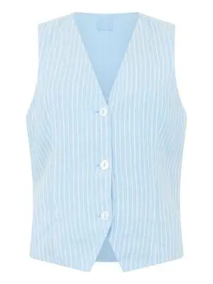 120% Lino 120% Lino Tailored Linen Gilet With V-Neck And Button Front Light Blue