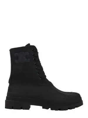 Celine Round Toe Canvas Lace-up Ankle Boots - Black