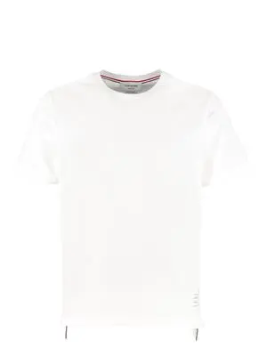Thom Browne Crew-neck Cotton T-shirt With Front Patch Logo And Side Slits - White