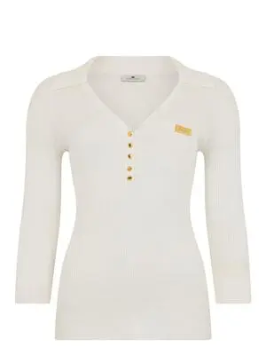 ELISABETTA FRANCHI Elisabetta Franchi Ribbed Long-Sleeve Polo Shirt With Button Placket And Embroidered Logo