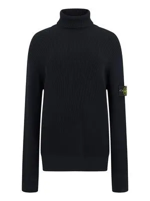 Stone Island Virgin Wool Ribbed Turtleneck Sweater - Black