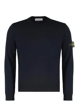 Stone Island Virgin Wool Crewneck Sweater With Removable Logo Patch - Blue