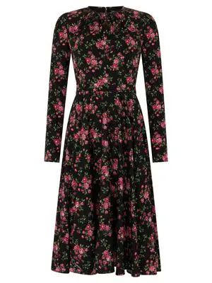 Dolce & Gabbana Silk Floral Long Sleeve Calf Length Dress - Black
