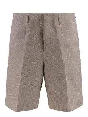 Fendi Cotton And Linen Blend Bermuda Shorts With Contrast Stitching - Beige