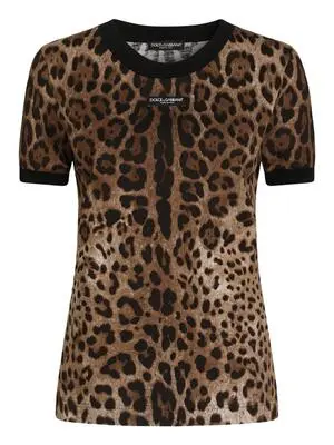 Dolce & Gabbana DOLCE & GABBANA Cotton Leopard Print T-Shirt With Contrast Details Marrone