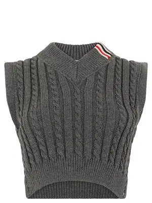 Thom Browne Woven Virgin Wool Mini Vest With Vertical Ribbing And V-neckline - Grey