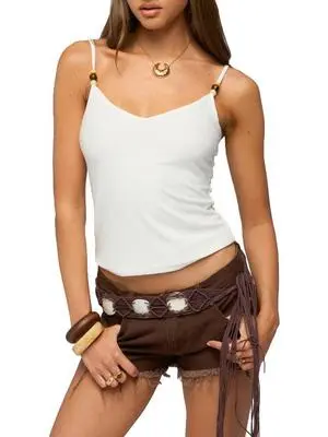 EDIKTED Lillian Beaded V-neck Cotton Blend Camisole - Cream