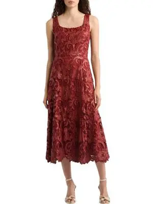 Elie Tahari Chayanne Faux Leather Floral Lace Midi Dress - Toasted Saffron