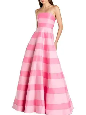 MAC DUGGAL Strapless Striped Satin Ballgown With Pockets