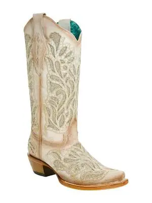 CORRAL Glitter Embroidered Leather Cowboy Boots - White