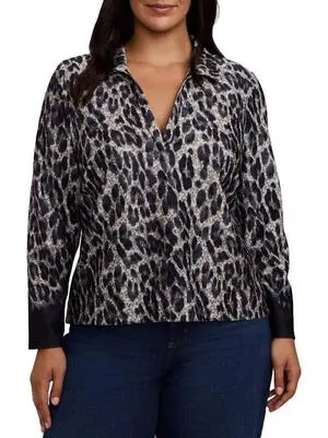 Foxcroft Talia Cheetah Print Crepe Knit Long Sleeve Polo - Black/multi