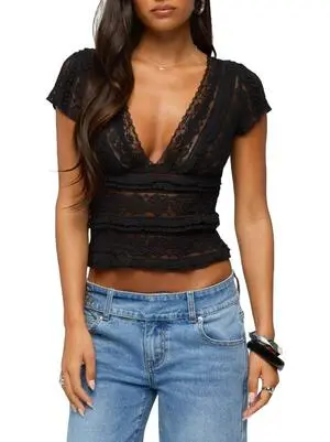 EDIKTED Avalee Plunge Neck Lace Crop Top - Black