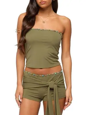 EDIKTED Monroah Beaded Strapless Cropped Top - Olive