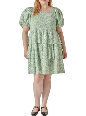 English Factory Crinkled Floral Smocked Dress - Green