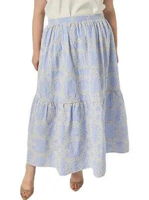 English Factory Embroidered Stripe Midi Skirt - Blue
