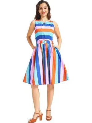 MODCLOTH Striped Fit And Flare Dress With Belt And Pockets - Mod Stripe