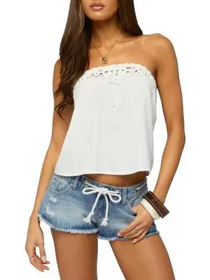 EDIKTED Strapless Crochet Trim Top With Front Tie - White