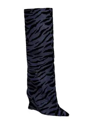 AZALEA WANG Knee High Wedge Boots - Denim
