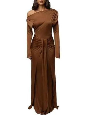 JLUXLABEL Asymmetrical Off-the-shoulder Draped Maxi Dress - Tan