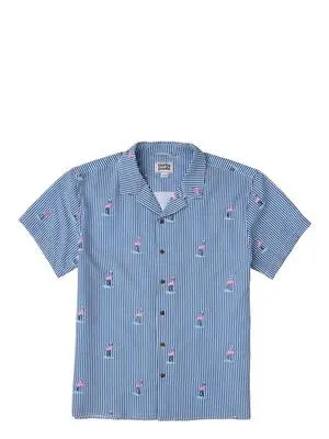 PARTY PANTS Mingo Weekender Stripe Flamingo Print Seersucker Camp Shirt - Indigo