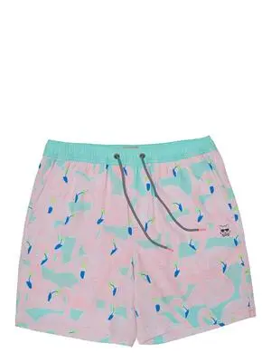 PARTY PANTS Flamingo Print Mid-thigh Swim Trunks - Mint Green