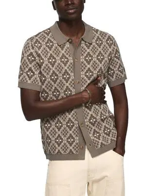 Lucky Brand Geo Jacquard Full Button Cardigan - Black Ink