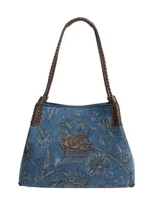 Etro Small Libra Denim Shopping Tote With Pegaso Logo - Print On Blue Base