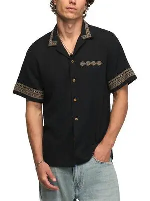 Lucky Brand Embroidered Cotton Camp Shirt - Black