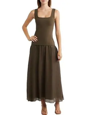 Moon River Square Neck Sleeveless Midi Dress - Olive