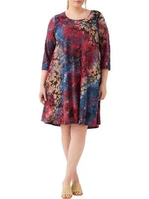 Karen Kane Maggie Floral Three-quarter Sleeve Jersey Dress - Wine
