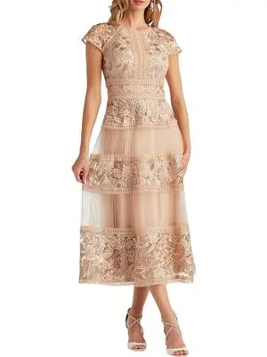 Tadashi Shoji Lace And Mesh Midi Dress - Pebble