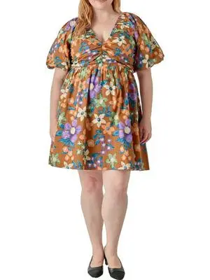 English Factory Floral Puff Sleeve Minidress - Brown Multi