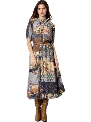 APRICOT High Neck Patchwork Midi Shirt Dress - Navy