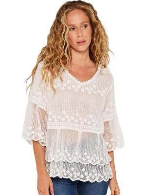 APRICOT Embroidered Cotton Mesh V-neck Tiered Blouse - Cream