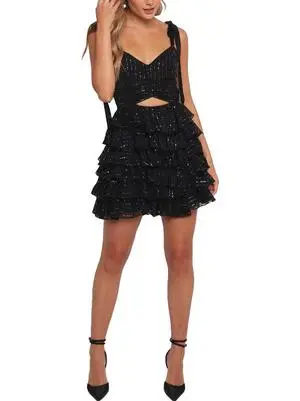 PETAL & PUP Brooke Tiered Cutout Minidress With Sequins - Black