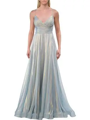 La Femme Metallic Chiffon Gown With Flowing Skirt And Thigh-high Slit - Light Blue