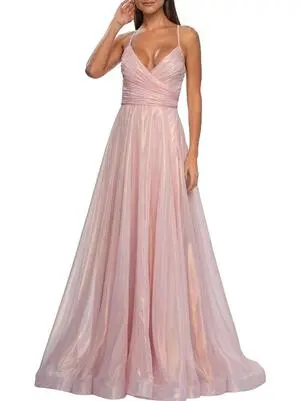 La Femme Metallic Chiffon Gown With Flowing Skirt And Thigh-high Slit - Pink