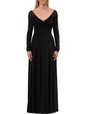 La Femme Off-the-shoulder Long Sleeve Ruched Gown - Black
