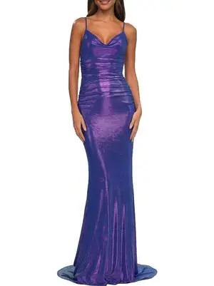 La Femme Metallic Ruched Gown With Illusion Back - Periwinkle