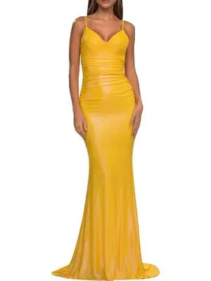 La Femme Metallic Ruched Gown With Illusion Back - Yellow