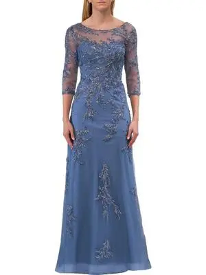 La Femme Beaded Lace Applique Tulle Dress With Illusion Sleeves - Blue