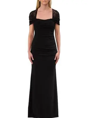 La Femme Ruched Evening Gown With Lace Sleeves - Black