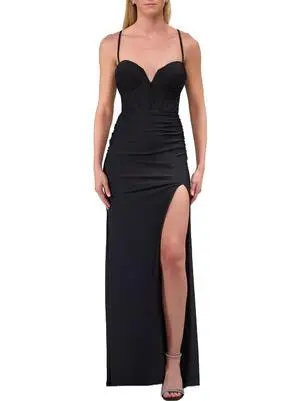 La Femme Corset Deep V-neck Jersey Gown With Thigh-high Slit - Black