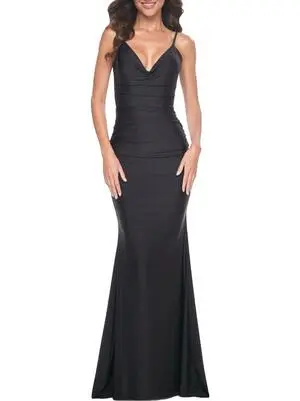 La Femme Illusion Back Boning Detail Jersey Gown - Black