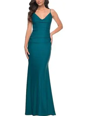 La Femme Illusion Back Boning Detail Jersey Gown - Dark Teal