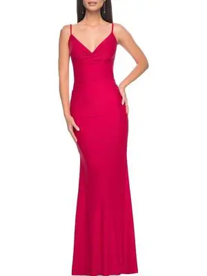 La Femme Illusion Back Boning Detail Jersey Gown - Red