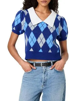 French Connection Koda Argyle Knit Combo Sweater With Puff Sleeves - Oversized Argyle