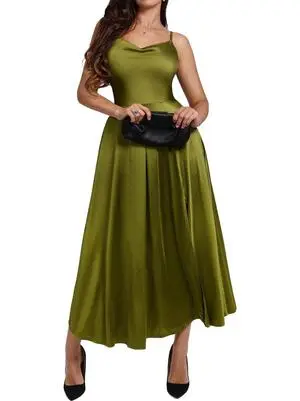 POPILUSH Built-in Shapewear Glitter Spaghetti Strap Slit Maxi Dress - Olive