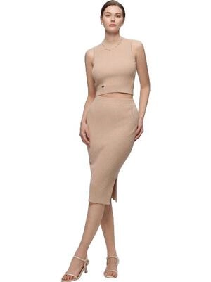 JUANA Sera Rib Knit Midi Skirt With Slit - Tan